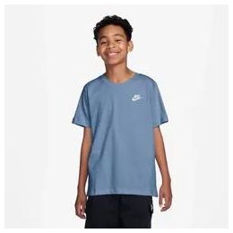 T-Shirt Nike SPORTSWEAR "K NSW TEE EMB FUTURA LBR", M&auml;dchen, Gr. XL, work blau, wei&szlig;, angeraute Sweatware, Obermaterial: 100% Baumwolle, normal, angesetztes B&uuml;ndchen, Shirts T-Shirt, f&uuml;r Jugendliche, mit Kapuze, gerader Schnitt, sportlicher Stil