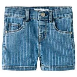 Jeansshorts name it "NMFSALLI SLIM DNM SHORTS 3555-ON NOOS", M&auml;dchen, Gr. 128, N-Gr, denim blau detail:stripes, Denim/Jeans, Obermaterial: 74% Baumwolle, 24% Polyester, 1% Elasthan, 1% Viskose, gestreift, slim fit kurz, Jeans Jeansshorts, Denim Baumwollmischung, leichte Used Effekte, Allover Druck