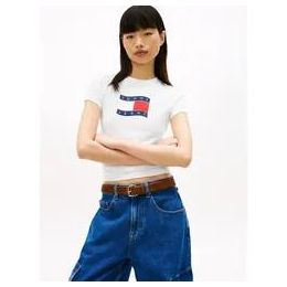 Tommy Hilfiger T-Shirt TOMMY JEANS "TJW SLIM WAVY FLAG TEE EXT", Damen, Gr. XXXL(46), ecru, Single Jersey, Obermaterial: 100% Baumwolle, bedruckt, slim fit h&uuml;ftlang, Rundhals, abgesteppte Kante, Shirts T-Shirt, mit Rundhalsausschnitt