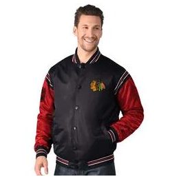 starters Bomberjacke STARTER "Starter Jacke Chicago Blackhawks Starter Satin Varsity", Herren, Gr. L, schwarz, Popeline;Jersey, 100% Polyester, Jacken Bomberjacke