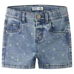 Jeansshorts name it "NMFSALLI SLIM DNM SHORTS 3555-ON NOOS", M&auml;dchen, Gr. 128, N-Gr, medium blau denim detail:flower, Denim/Jeans, Obermaterial: 74% Baumwolle, 24% Polyester, 1% Elasthan, 1% Viskose, Abriebeffekte, gebl&uuml;mt, slim fit kurz, Jeans Jeansshorts, Denim Baumwollmischung, leichte Used Effekte, Allover Druck