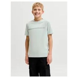 Jack & Jones T-Shirt JACK & JONES JUNIOR "JCOFUSION CHEST BRAND TEE SS CN JNR", Jungen, Gr. 128, aqua gray, Single Jersey, Obermaterial: 58% Polyester, 42% Baumwolle, bedruckt, regular fit normal, Rundhals, Shirts T-Shirt, Materialmix, regular Fit, Kurzarm