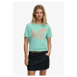 Print-Shirt Superdry "ROADSIDE TRADE RELAXED TEE", Damen, Gr. L, rich turquoise, Single Jersey, Obermaterial: 100% Baumwolle, bedruckt, relaxed fit normal, Rundhals, Shirts