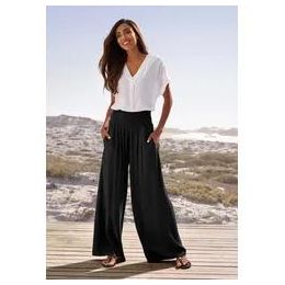 Leinenhose French Connection, Damen, Gr. 48/50, N-Gr, schwarz, Web, Obermaterial: 80% Viskose, 20% Leinen, unifarben, Basic, figurumspielend lang, Hosen, mit gerafftem Bund, weite Palazzohose f&uuml;r den Sommer
