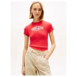 Tommy Hilfiger Kurzarmshirt TOMMY JEANS "TJW SLIM SHORT WAVY FLAG SS TEE", Damen, Gr. L (40), rot alert, Feinripp, Obermaterial: 95% Baumwolle, 5% Elasthan, bedruckt, unifarben, slim fit taillenbedeckt, Rundhals, Shirts, mit Logoprint