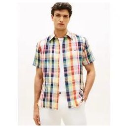 Kurzarmhemd Tommy Hilfiger "LINEN BLEND CHECK PLAID", Herren, Gr. L, N-Gr, brilliant orange, check, Web, Obermaterial: 52% Baumwolle, 48% Leinen, regular fit normal, Hemden, regular fit, Button-down-Kragen