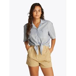 T-Shirt Tommy Jeans "TJW CRP LINEN SS SHIRT", Damen, Gr. XS (34), blau (colorado blau), Single Jersey, Obermaterial: 75% Baumwolle, 25% Leinen, gestreift, normal taillenlang, abgesteppt, Shirts T-Shirt, mit Brusttasche, Logostickerei