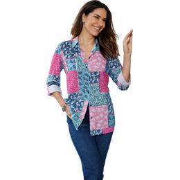 Damen Longbluse mit krempelbaren &Auml;rmeln fuchsia-jeansblau-bedruckt, Gr&ouml;&szlig;e 38