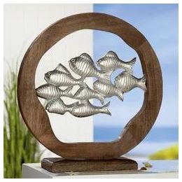 Tierfigur Gilde "Fischschwarm", silber (naturfarben, silberfarben), B:45cm H:45cm T:13cm, Aluminium, Holzwerkstoff, Dekofiguren