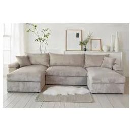 Wohnlandschaft OTTO HOME "Cosy U-Form, B: 309 cm, Sitzaufbau im Sandwich-Federkern", beige, B:309cm H:46cm T:162cm, 100%Polyester, Sofas, Wohnlandschaft, 2 Zierkissen, Mega-Sofa, Cord oder Struktur weich, Kaltschaumauflage