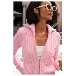 Strickjacke Lascana, Damen, Gr. 40/42, ros&eacute;, Strick, Obermaterial: 50% Baumwolle, 50% Polyacryl, unifarben, figurumspielend h&uuml;ftlang, Strickjacken Strickjacke, mit Zopfstrickmuster, gem&uuml;tlicher Cardigan mit Rei&szlig;verschluss