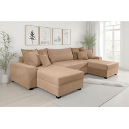 Wohnlandschaft OTTO HOME "Alexa U-Form, B: 313 cm", beigebraun, B:313cm H:42cm T:161cm, 100%Polyester, Sofas, Wohnlandschaft, Bettfunktion, Bettkasten & 4 Zierkissen, Federkern