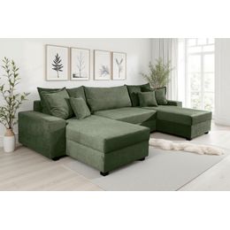 Wohnlandschaft OTTO HOME "Alexa U-Form, B: 313 cm", gr&uuml;n, B:313cm H:42cm T:161cm, 100%Polyester, Sofas, Wohnlandschaft, Bettfunktion, Bettkasten & 4 Zierkissen, Federkern