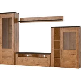 Wohnwand OTTO HOME "Larona, Anbauwand, Set 4 Teilig", braun (eichefarben lefkas, schwarzwood), B:305cm, Kastenm&ouml;bel-Sets, Wohnwand, bestehend aus 1 TV-Board, 1 Highboard, 1 Vitrine, 1 Wandregal
