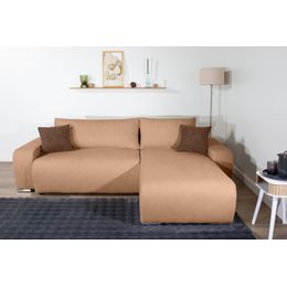 Ecksofa Collection AB "Pia L-Form, B: 237 cm", hellbraun, B:237cm H:41cm T:169cm, 100%Polyester, Sofas, Ecksofa, Bettfunktion, Bettkasten & 2 Zierkissen, Federkern