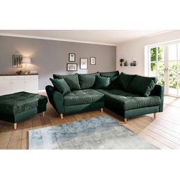 Ecksofa Home Affaire "Rice L-Form, B: 223 cm - OTTO. Verl&auml;ssliche Qualit&auml;t.", gr&uuml;n, B:223cm H:47cm T:184cm, Luxus-Microfaser (100% Polyester);Struktur fein (100% Polyester);Microfaser PRIMABELLE (100% Polyester);Samtoptik (100% Polyester), Sofas, Ecksofa, Set: Sofa & Hocker, 3 Zierkissen, Federkern