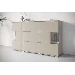 Sideboard OTTO HOME "Kenia", beige (kaschmir), B:150cm H:89cm T:39,5cm, FSC-zertifizierter Holzwerkstoff, Glas, Hartfaserplatte, Kunststoff, Sideboards, Sideboard, Sideboard mit 3 Schubladen, 6 F&auml;chern, Glast&uuml;ren, Breite 150 cm