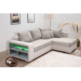 Ecksofa Collection AB "John L-Form, B: 226 cm", silber (beige), B:226cm H:40cm T:160cm, 100%Polyester, Sofas, Ecksofa, Bettfunktion, Bettkasten, Regalelement, Licht & 2 Zierkissen
