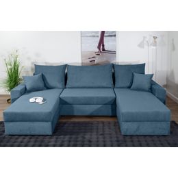 Wohnlandschaft Collection AB "Pico U-Form, B: 252 cm", blau, B:252cm H:39cm T:158cm, 100%Polyester, Sofas, Wohnlandschaft, Bettfunktion, Bettkasten & 2 Zierkissen