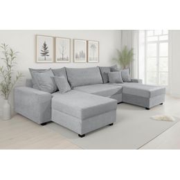 Wohnlandschaft OTTO HOME "Alexa U-Form, B: 313 cm", silbergrau, B:313cm H:42cm T:161cm, 100%Polyester, Sofas, Wohnlandschaft, Bettfunktion, Bettkasten & 4 Zierkissen, Federkern