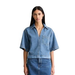 Marc O'Polo Kurzarmbluse MARC O'POLO DENIM "aus reinem Organic Cotton", Damen, Gr. L, medium blau, Obermaterial: 100% Baumwolle, unifarben, loose fit bauchfrei, V-Ausschnitt, normaler Saum, Blusen