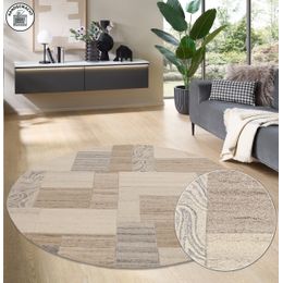 Wollteppich Theko "Lola, Wolle, handgearbeitet, Patchwork Design" Gr. 9, beige (natur), H:12mm &Oslash;:140cm, Wolle, Teppiche, handgetuftet, Wohnzimmer, Schlafzimmer, Esszimmer