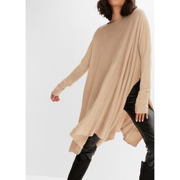 Longpullover bonprix "Long-Pullover aus Viskose-Mix", Damen, Gr. 44/46 (L), beige (saharabeige meliert), Feinstrick, Obermaterial: 50% Polyacryl, 50% Viskose, unifarben, oversize knieumspielend, Rundhals, Strickb&uuml;ndchen, Pullover Longpullover, Feinstrick-Viskose-Mix, Oversized-Passform, Poncho-Look, elegant