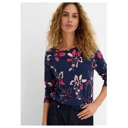 Langarmshirt bonprix, Damen, Gr. 36/38 (S), dunkelblau gebl&uuml;mt, Jersey, Obermaterial: 100% Baumwolle, bedruckt, gebl&uuml;mt, figurumspielend h&uuml;ftlang, Rundhals, Shirts Langarmshirt, figurumspielende Passform, Langarm-Design, f&uuml;r Fr&uuml;hling und Sommer