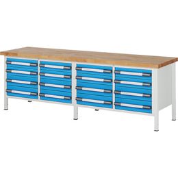eurokraft pro Werkbank, Gestellbauweise Serie 8000, 16 Schubladen: 8 x 120, 8 x 150 mm, BxT 2500 x 700 mm