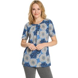 Damen Longshirt in schmeichelnder A-Linie mittelblau-marine-bedruckt, Gr&ouml;&szlig;e 54