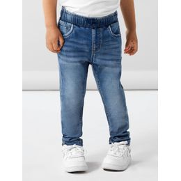 Schlupfjeans name it "NMMRYAN SLIM SWE JEANS 2472-TH NOOS", Jungen, Gr. 104, N-Gr, blau (medium blau denim), Denim/Jeans, Obermaterial: 70% Baumwolle, 27% Polyester, 3% Elasthan, leichte Abriebeffekte, regular fit lang, Jeans Schlupfjeans, im Jogging Style