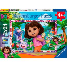 Puzzle Ravensburger "2x24, Dora the Explorer", bunt, Puzzles, KinderB:26cm H:18cm, Pappe, Motiv, Made in Europe, B:26cm H:18cm