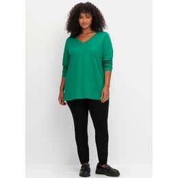 V-Shirt sheego "Langarmshirt", Damen, Gr. 44/46, gr&uuml;n, 100% Baumwolle, unifarben, V-Ausschnitt, Shirts