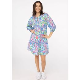 Sommerkleid Zwillingsherz "Blumentraum", Damen, Gr. M, N-Gr, bunt (multi), Web, Obermaterial: 100% Baumwolle, gemustert, figurumspielend kniefrei, V-Ausschnitt, elastischer Bund mit Gummizug, Kleider Sommerkleid, mit floralem Muster, zum Binden mit Tasseln, kontrastfarbige Details