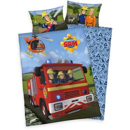 Babybettw&auml;sche Feuerwehrmann Sam "Feuerwehrmann Sam", blau, B/L: 100cm x 135cm, 1 Stk., 1 Stk., Renforc&eacute;, B/L: 60cm x 40cm, 2 Stk., Renforc&eacute;, Obermaterial: 100% Baumwolle, Bettw&auml;sche, mit L&ouml;schzug und Helikopter