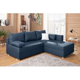 Ecksofa Home Affaire "Italia L-Form, B: 217 cm", blau, B:217cm H:80cm T:182cm, Struktur fein (100% Polyester);Microfaser PRIMABELLE(100% Polyester);Samtoptik (100% Polyester), Sofas, Ecksofa, Bettfunktion, Bettkasten & 1 Zierkissen, Federkern