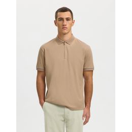 Poloshirt Selected "SLHFAVE ZIP SS POLO NOOS", Herren, Gr. M, savannah tan, Jersey, Obermaterial: 50% Baumwolle, 50% Polyester, unifarben, regular fit normal, ohne Ausschnitt, Shirts, Baumwollmischung, regular fit