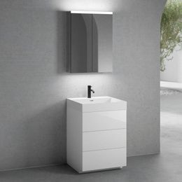 neoro n50 Unterschrank B: 60 cm mit 3 Ausz&uuml;gen, Waschtisch mit 1 Hahnloch wei&szlig; matt, mit Spiegelschrank f&uuml;r die Schweiz,, BN0137WM+BN0451WH+BN0485MI,