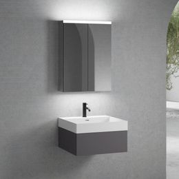neoro n50 Unterschrank B: 60 cm mit 1 Auszug, Waschtisch mit 1 Hahnloch wei&szlig; matt, mit Spiegelschrank f&uuml;r die Schweiz,, BN0137WM+BN0411GR+BN0485MI,