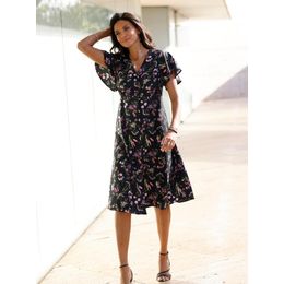 Druckkleid Classic Basics "Druck-Kleid", Damen, Gr. 38, Normalgr&ouml;&szlig;en, rosa (schwarz, altrosa, bedruckt), 100% Polyester, gebl&uuml;mt, gemustert, mehrfarbig, knielang, V-Ausschnitt, Kleider Druckkleid
