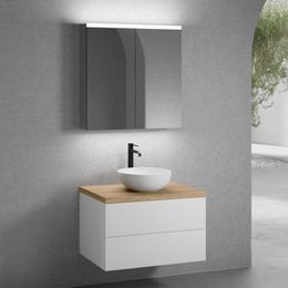 neoro n50 Unterschrank B: 80 cm mit 2 Ausz&uuml;gen, Waschtisch &Oslash; 40 cm wei&szlig; matt, mit Spiegelschrank,, BN0064WM+BN0422WM+BN0402W1+BN0473MI,