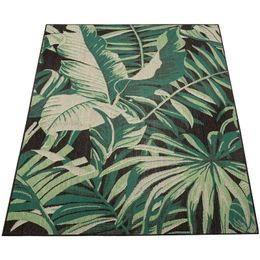 Paco Home Teppich &raquo;Ostende 551&laquo; rechteckig 4 mm H&ouml;he Flachgewebe, Motiv Palmenbl&auml;tter, In- und Outdoor geeignet schwarz Polypropylen B : 200cm 1 Stk., 4mm, L: 