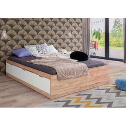 Stauraumbett Home Affaire "Vankka, viel Stauraum, skandinavisches Design", wei&szlig; (planken eiche, wei&szlig;), B:170,5cm H:42,5cm L:210,5cm, Betten, Stauraumbett, mit 3 Schubladen, weitere Produkte zur Serie erh&auml;ltlich