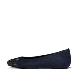 Ballerina fitflop "DELICATO CRYSTAL CAP-TOE DENIM BALLET FLATS", Damen, Gr. 38, dunkelblau, Textil, Schuhe Ballerina, Schlupfschuh, Businessschuh mit funkelnden Strasssteinchen besetzt