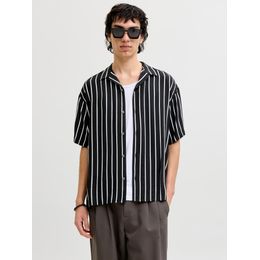 Jack & Jones Kurzarmhemd JACK & JONES "JJEJEFF RESORT STRIPE SHIRT S/S SN", Herren, Gr. L, N-Gr, schwarz, Web, Obermaterial: 100% Viskose, gestreift, normal, V-Ausschnitt, Hemden, Viskose, loose fit