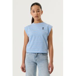 T-Shirt Garcia, M&auml;dchen, Gr. 128/134, pacific blau, Jersey, Obermaterial: 100% Baumwolle, bedruckt, geringelt, gestreift, normal h&uuml;ftbedeckend, Rundhals, Shirts T-Shirt, Shirttop in Streifen-Optik, for Girls