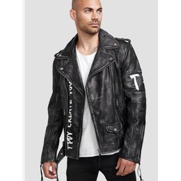 Lederjacke Trueprodigy "Russell mit Nieten, Print und Waschung", Herren, Gr. M, schwarz, Obermaterial: 100% Ziegenleder goatskin., slim fit, Jacken
