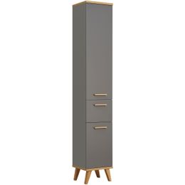 Hochschrank SAPHIR "mit T&uuml;rd&auml;mpfer und 3 Glaseinlegeb&ouml;den", quarzgrau glanz, riviera eiche quer nachbildung, B:35,5cm H:205cm T:33cm, Holzwerkstoff, Schr&auml;nke, Hochschrank