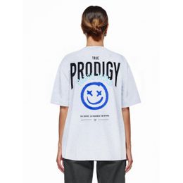 Oversize-Shirt Trueprodigy "Hajin F Logo Print Oversized Rundhals", Damen, Gr. L, grau (graumelange), Obermaterial: 50% Baumwolle CO. 50% Polyester PES., Rundhals, Shirts
