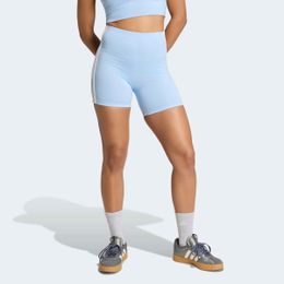 Trainingstights adidas Sportswear "ESSENTIALS 3-STREIFEN HIGH WAISTED KURZE LEGGINGS", Damen, Gr. L, N-Gr, glow blau, normal, gr., Obermaterial: 90% Baumwolle, 10% Elasthan, Hosen, kurze Leggings, mittelhoher Bund, flacher, elastischer Bund
